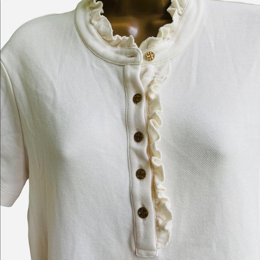 Tory Burch Cream Lidia Ruffle Polo Shirt Top Size L - Gem